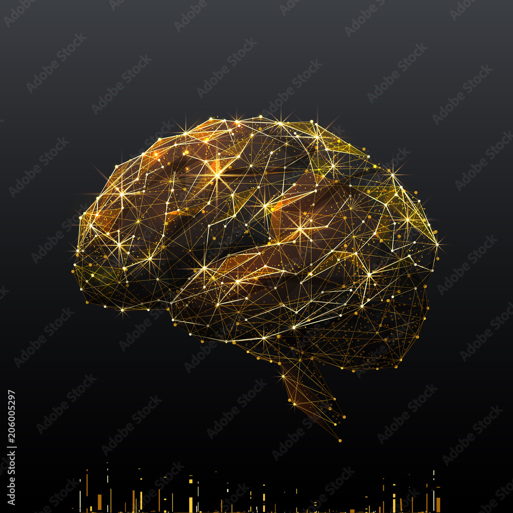 Human Brain. Low poly wireframe illustration of brain in gold style ...