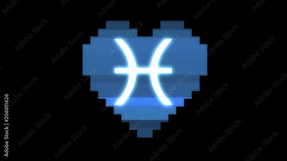 pixel heart with zodiac PISCES sign symbol glitch interference hud ...