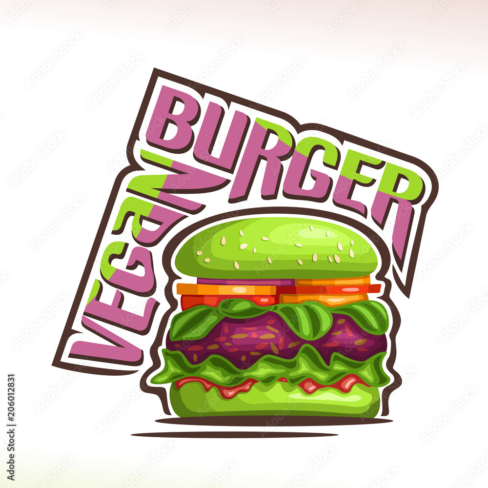 Vector logo for Vegan Burger, on poster green bun with sesame seeds ...