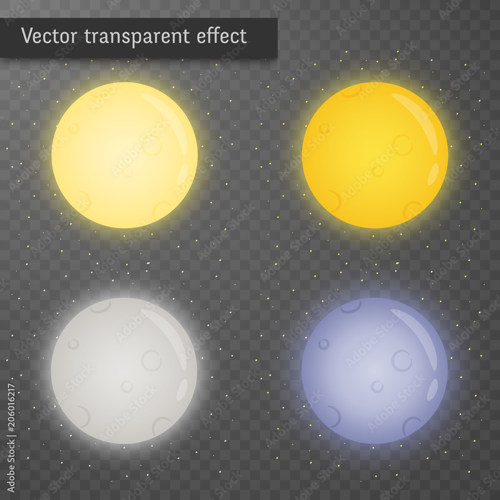 Full moon glowing on dark transparent background. Set of isolated ...