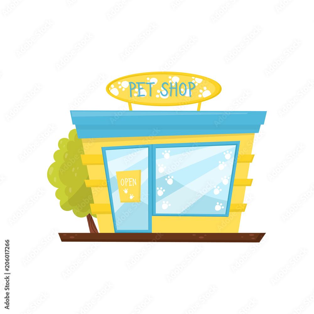 Facade of pet shop. Store of animal goods. Commercial building with ...