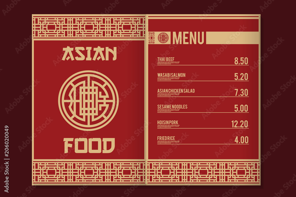 Asian style menu with asian patterns and symbols. Sushi and traditional ...