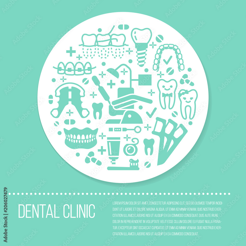 Dentist, orthodontics blue medical banner with vector glyph icons ...