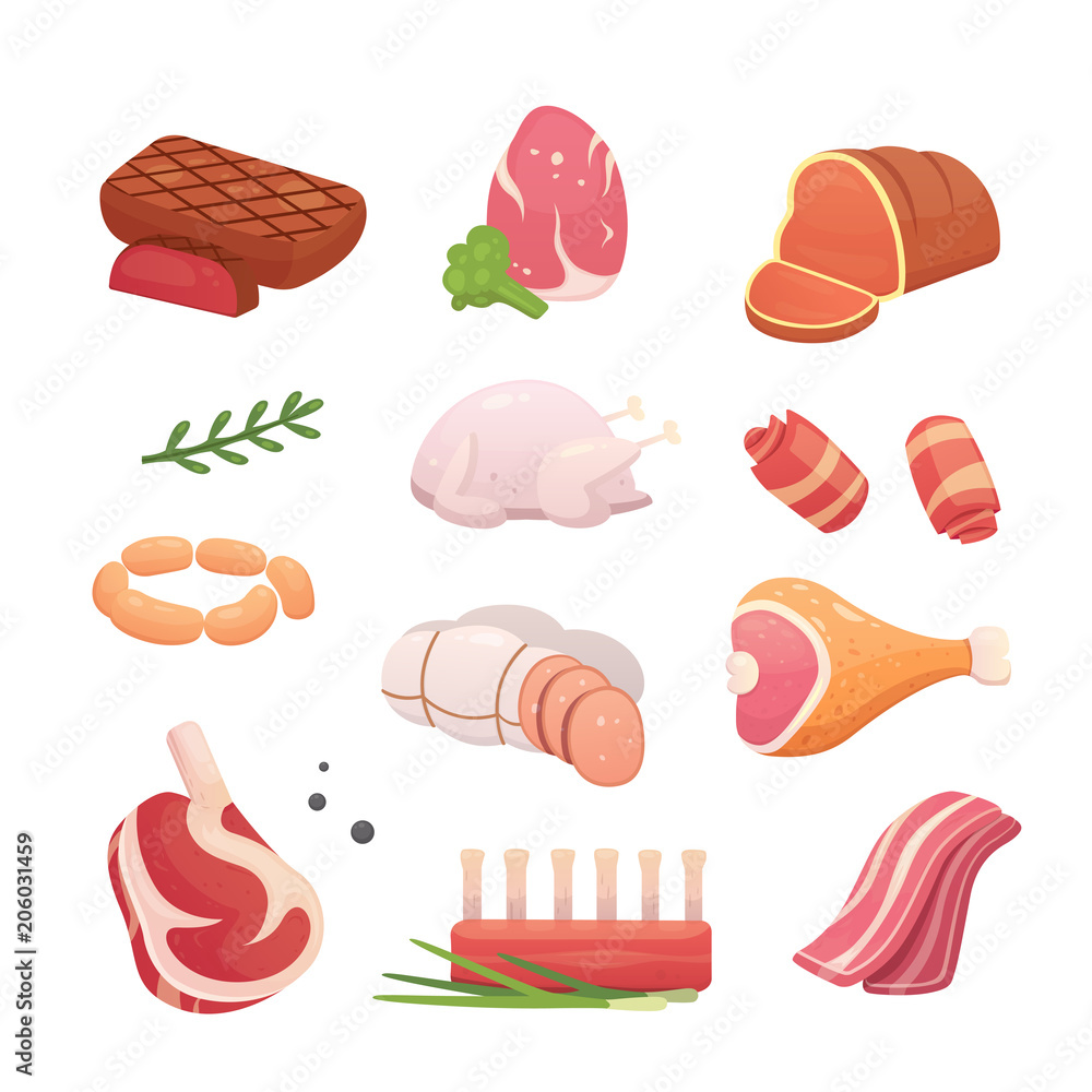 Set fresh meat products. Steak in cartoon style. Vector isolated ...