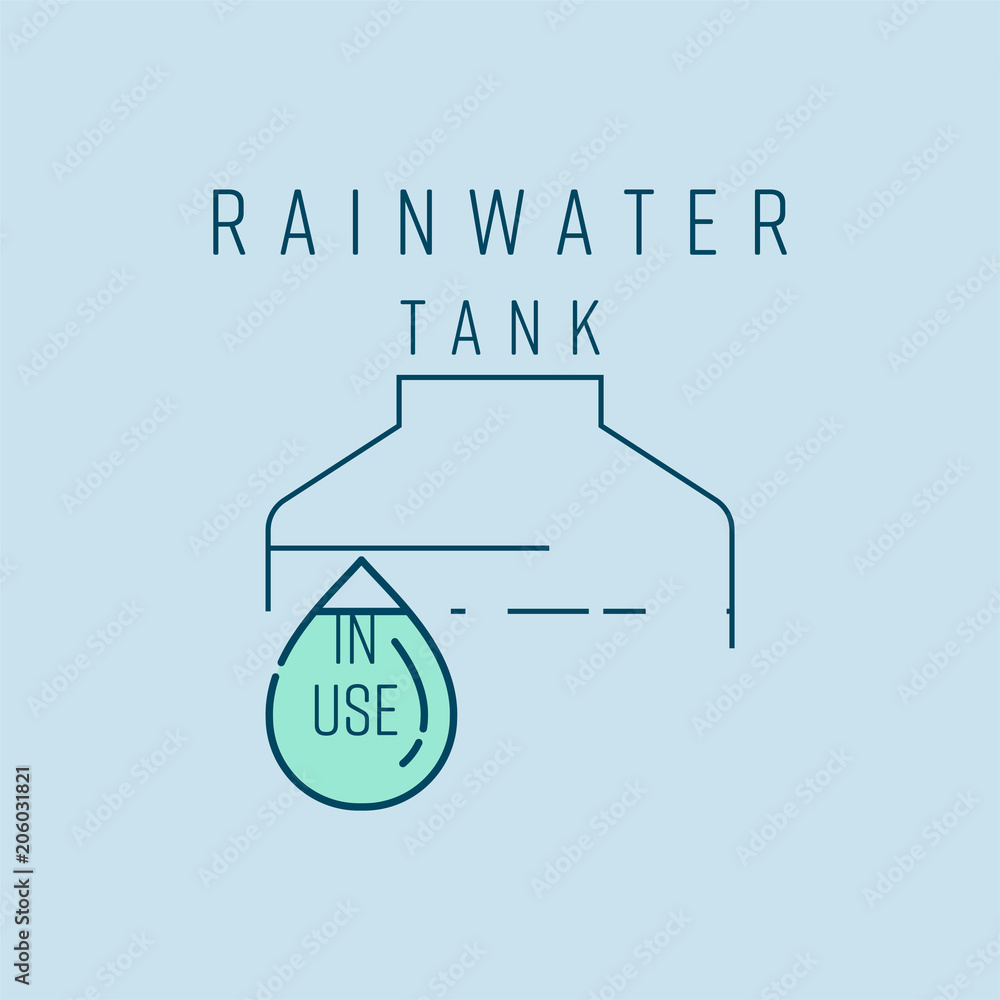 Water tank and drop outline on pale blue background as rainwater use ...