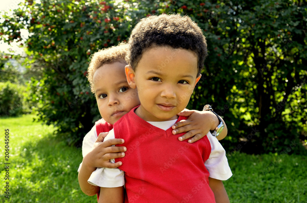 Cute mixed twins brothers hugging each other in the park. Beatiful ...