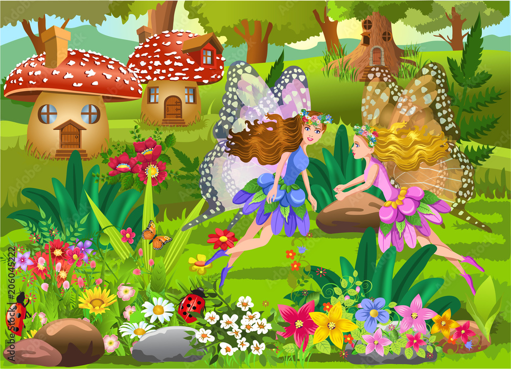 fairies flying in a magic fairy tale landscape with mushroom houses and ...