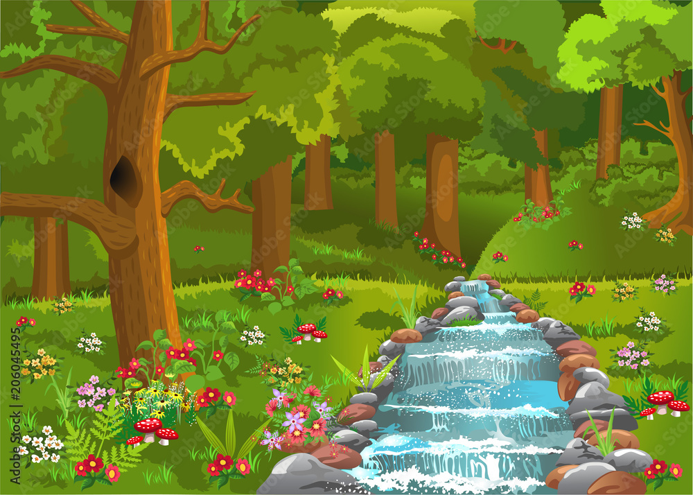 cartoon forest with a river passing through, with lots of flowers all ...