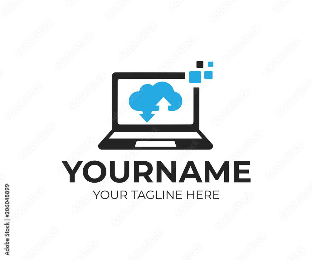 Cloud server, pixels and laptop, computer, logo template. Innovation ...