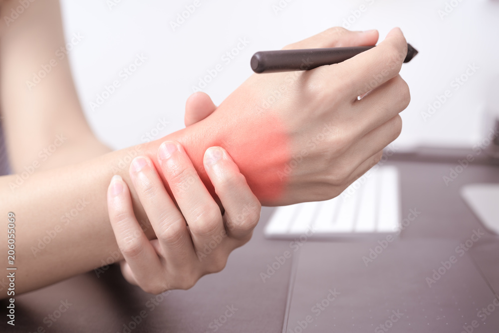 woman wrist arm pain long use pen mouse working. office syndrome ...