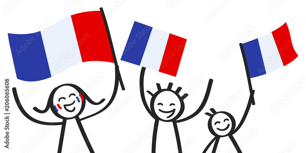 Cheering group of happy stick figures with French national flags ...