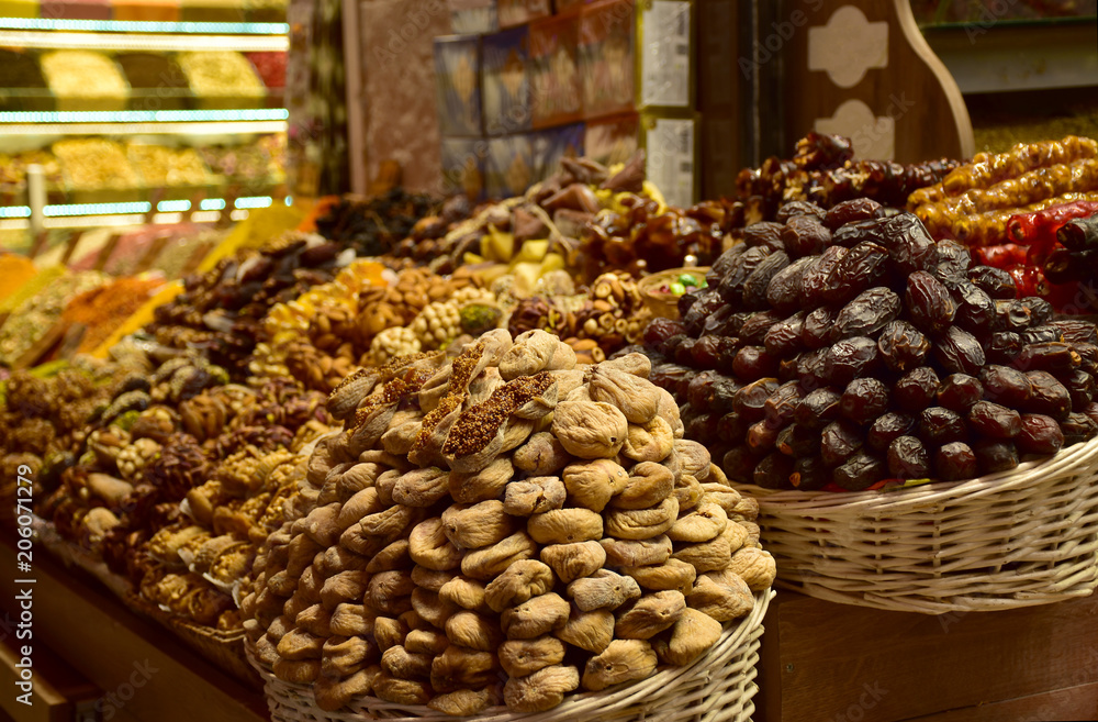 Ramadan fasting concept, Eid Mubarak, piles of dried fig and date plum ...
