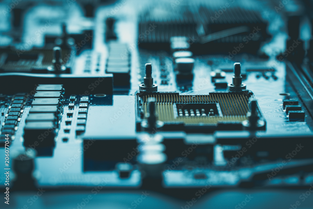Computer board chip circuit cpu core blue technology background or ...