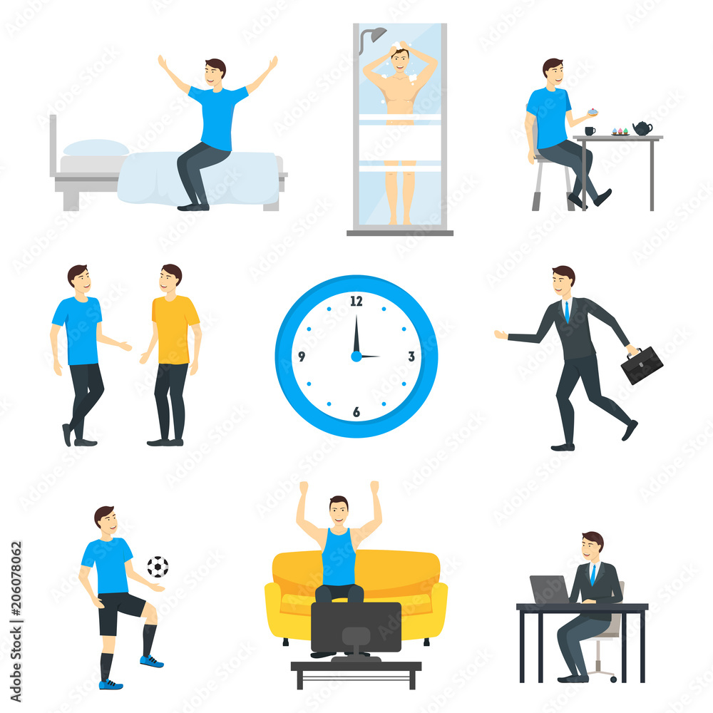 Cartoon Daily Routine Character Man. Vector Stock Vector | Adobe Stock