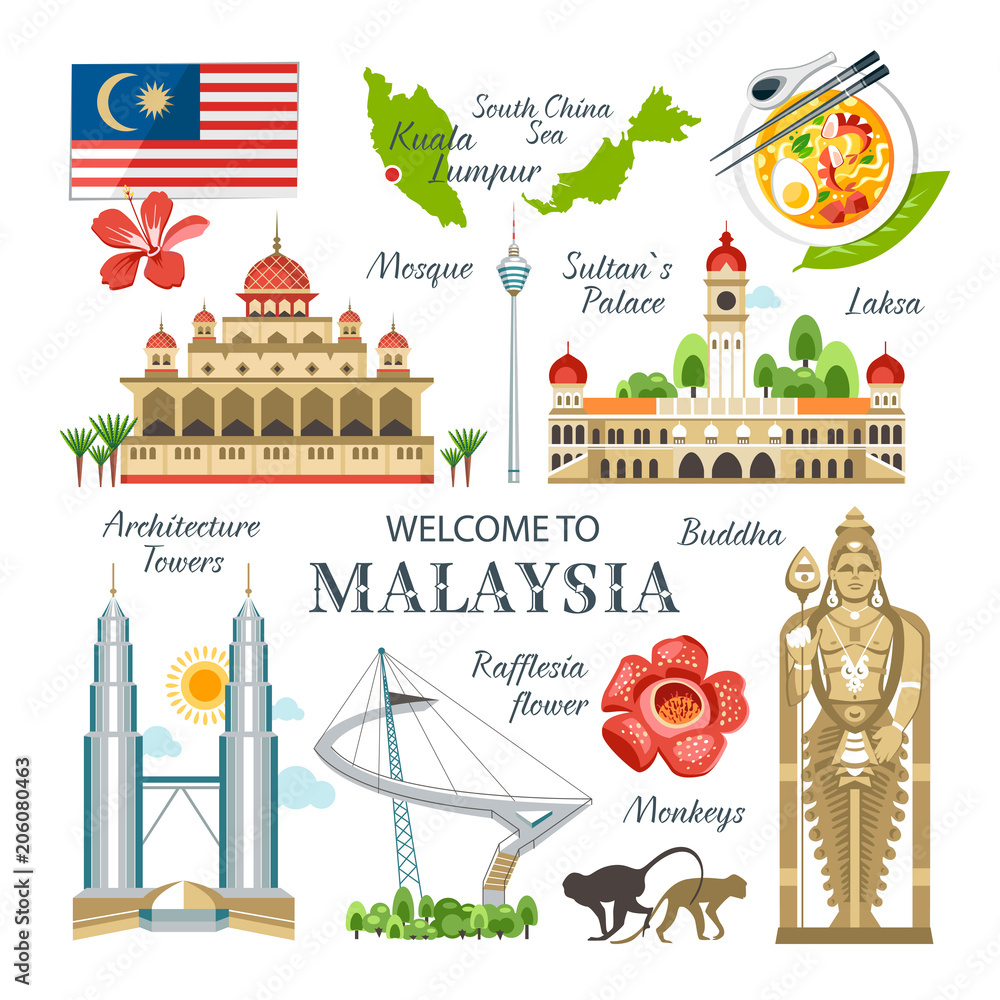 malaysia collection of traditional objects landmarks symbols buildings ...