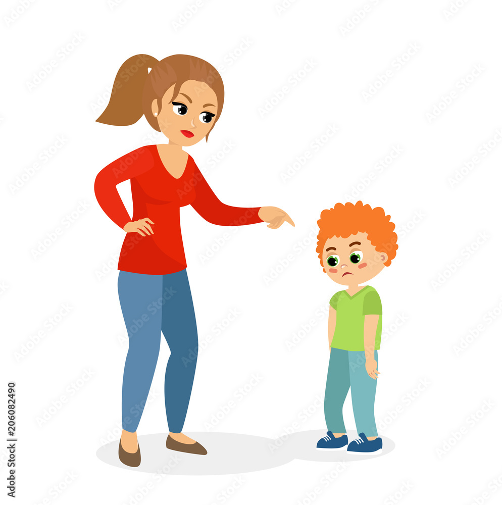 Vector illustration of mother character scolding her upset son, mom ...