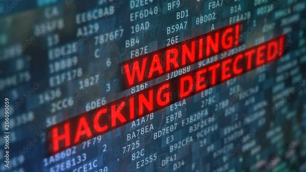 Alert message, hacking detected on screen, system under attack, data theft. Screen text with ...