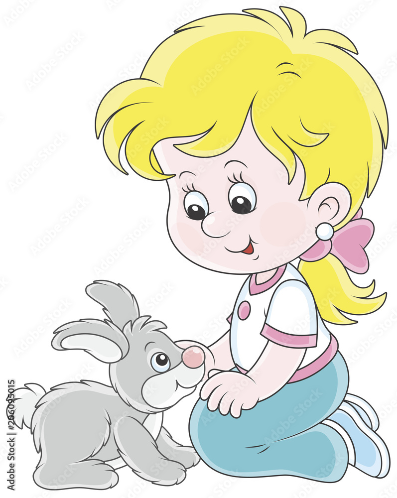 Little smiling girl playing with her small grey rabbit, vector ...