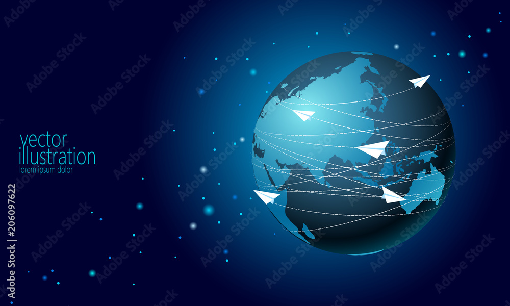 Planet Earth with paper plane messaging letters. Online internet ...