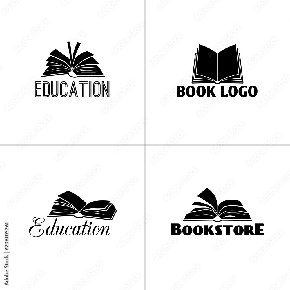 Books and education logo set. Paper book black emblems designs for ...