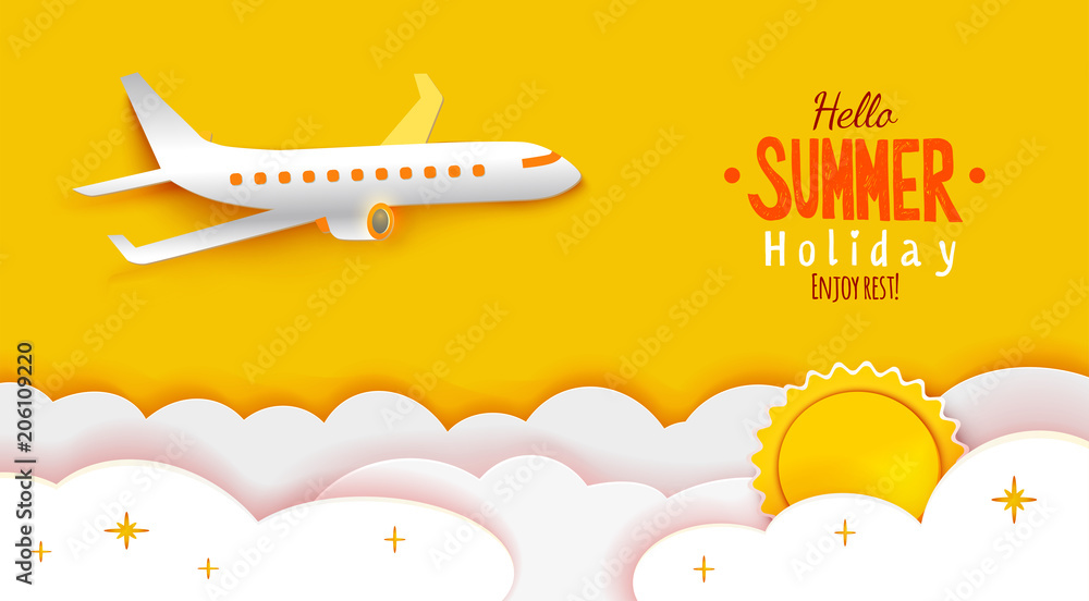 Airplane aerial view paper art cut out on yellow sky background with ...