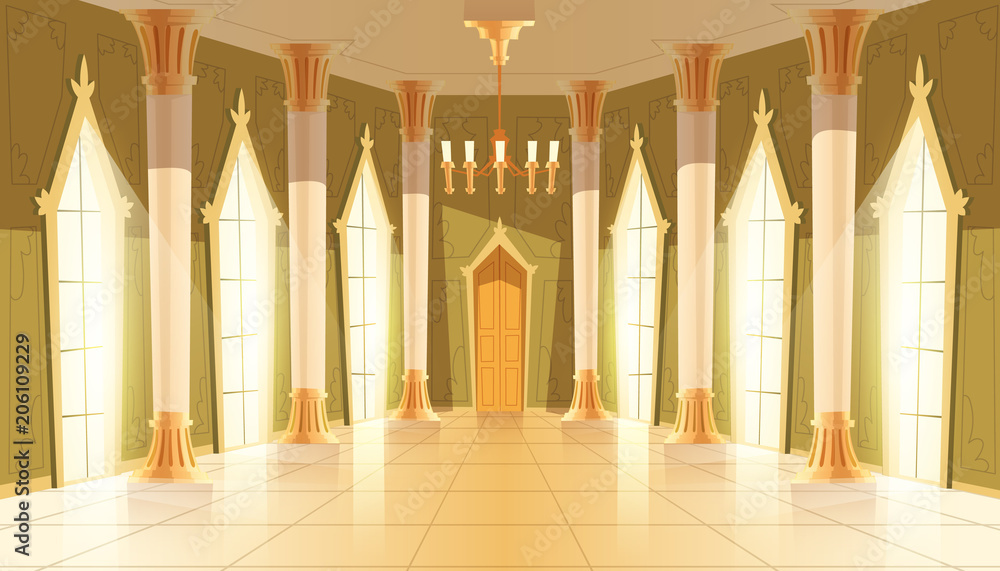 Vector castle hall, interior of ballroom for dancing, presentation or ...