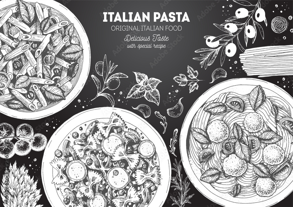 Italian pasta frame. Hand drawn vector illustration of an Italian pasta ...