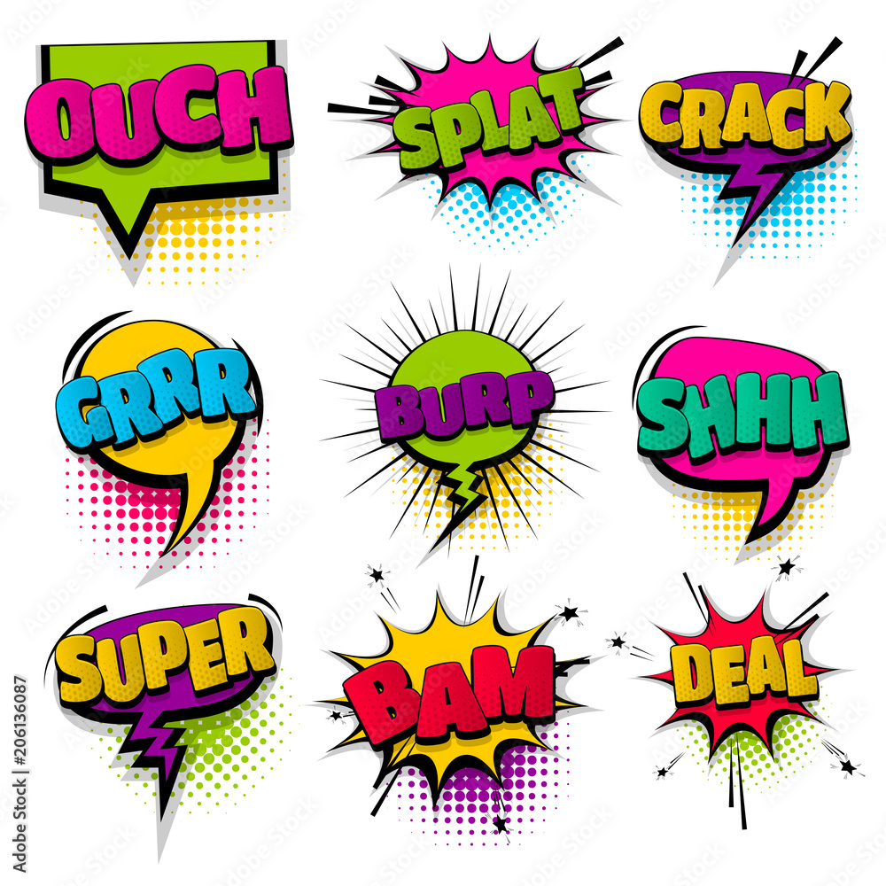splat burp shh super set hand drawn pictures effects template comics ...