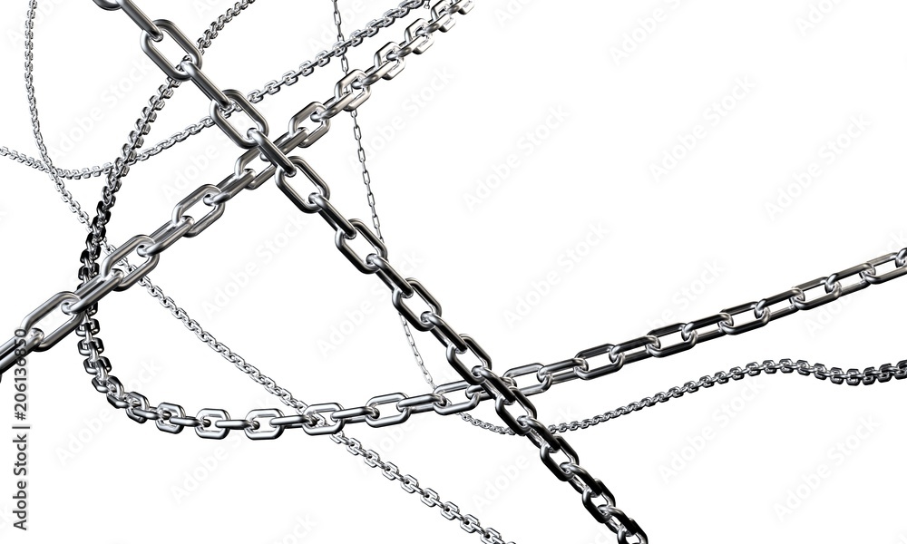 Shiny chains are intertwined on a white background. 3d render ...