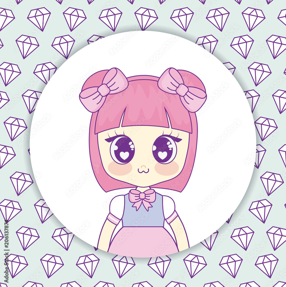 kawaii anime girl over white circle and diamonds background, colorful ...