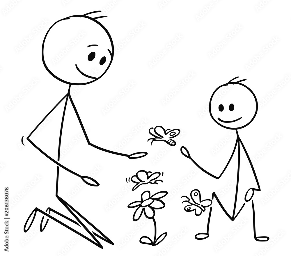 Cartoon stick man drawing conceptual illustration of father and son ...