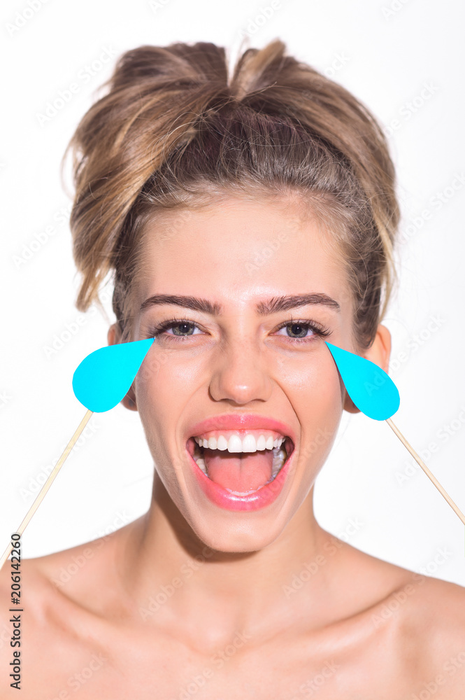 Emoji girl. Beautiful girl with tears on stick. Emoji style. Girl with ...