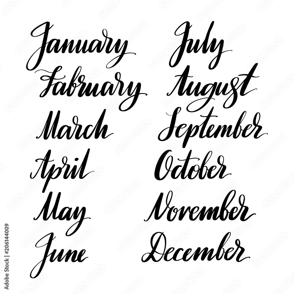 Months of the year by hand. Hand drawn creative calligraphy and brush ...