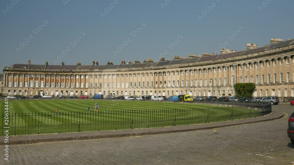 The Royal Crescent, Bath, UK. Houses, Sunny Day, Pan from right to left ...