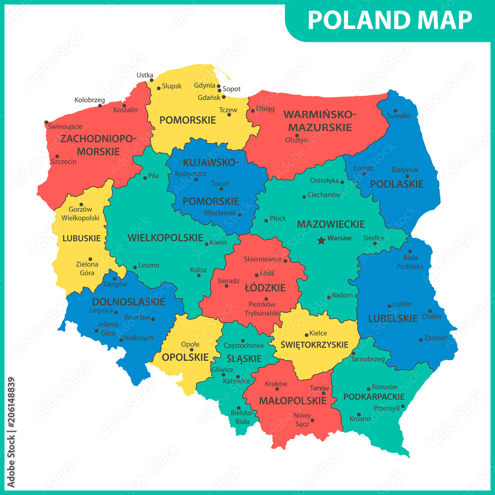 The detailed map of Poland with regions or states and cities, capitals ...