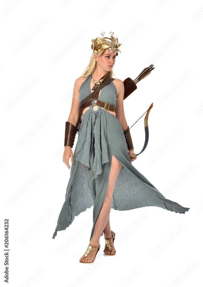 full length portrait of pretty blonde lady wearing fantasy toga gown ...