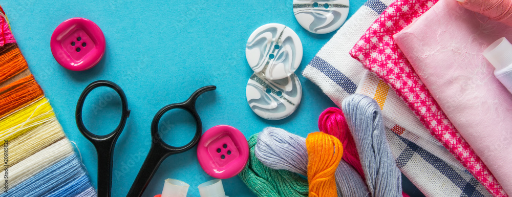 Sewing and objects for sewing. View from above. fabrics, tailor ...