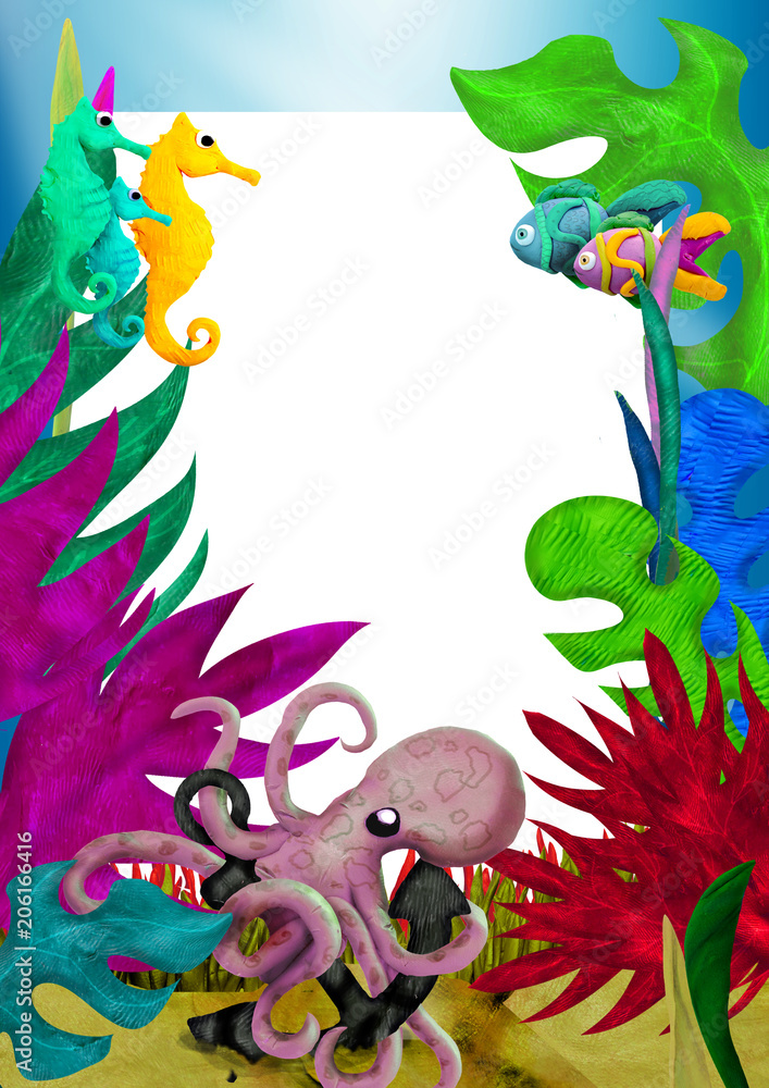 3d rendered children illustration card template of underwater world ...