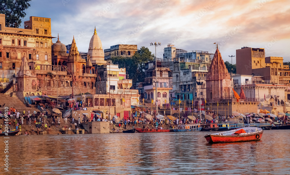 Varanasi ancient city architecture with view of Ganges river ghats at ...