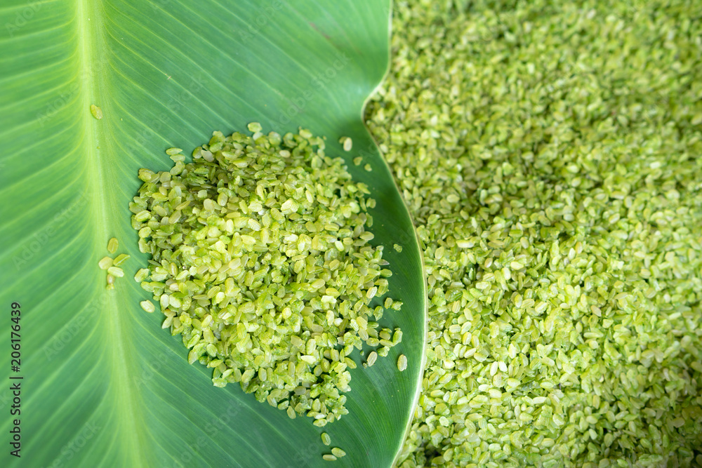 Green rice flakes ( Com in Vietnamese). Com is freshly harvested sticky ...