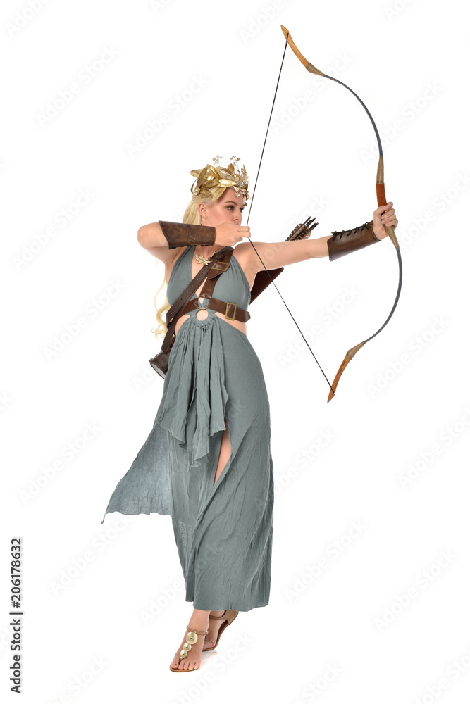 full length portrait of pretty blonde lady wearing fantasy toga gown ...