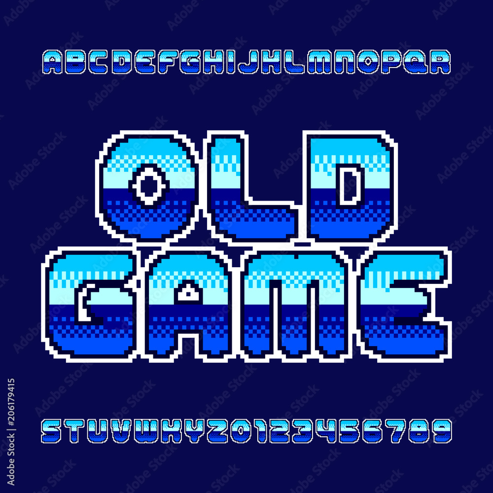 Old game alphabet font. Pixel gradient letters and numbers. Retro 80's ...