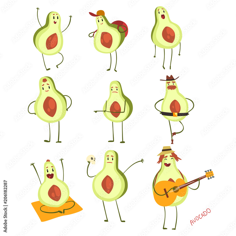 Avocado cartoon characters set, emotional avocados in different ...