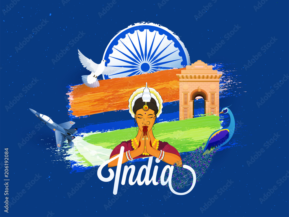 Incredible India text with traditional lady greeting namaste with ...