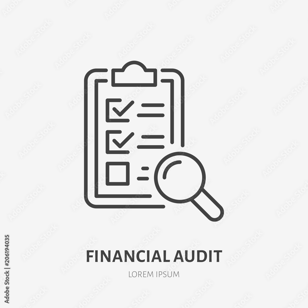 Audit flat line icon. Check list with glass sign. Thin linear logo for ...