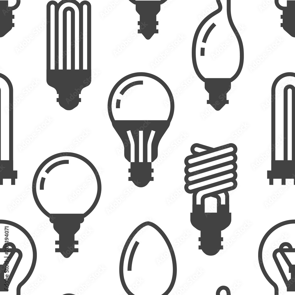 Light bulbs seamless pattern with flat glyph icons. Led lamps types ...