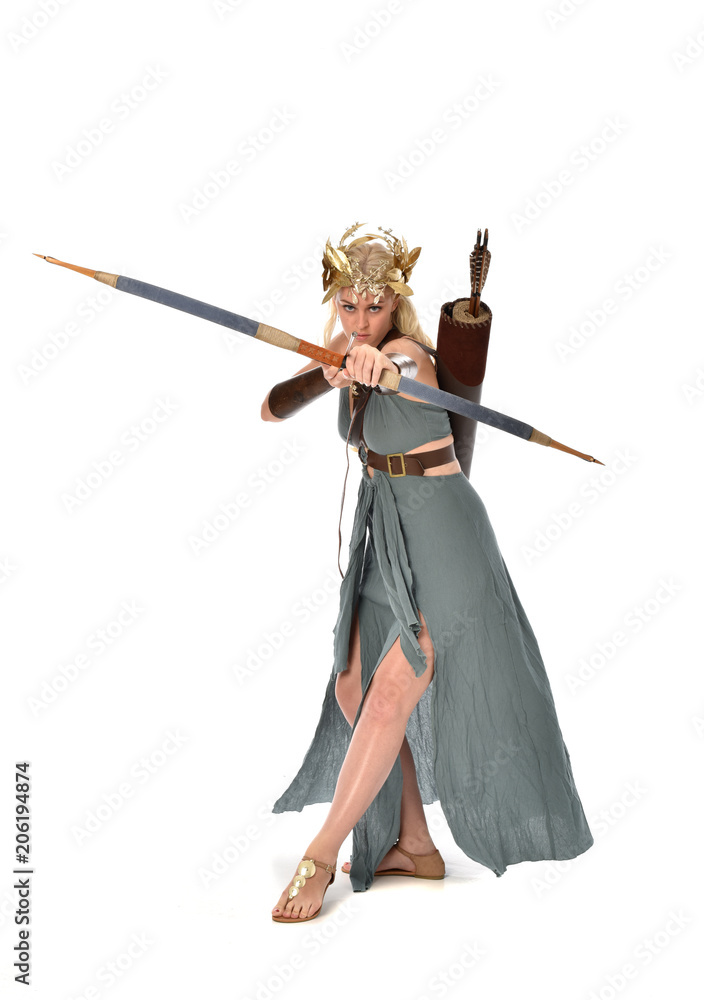 full length portrait of pretty blonde lady wearing fantasy toga gown ...