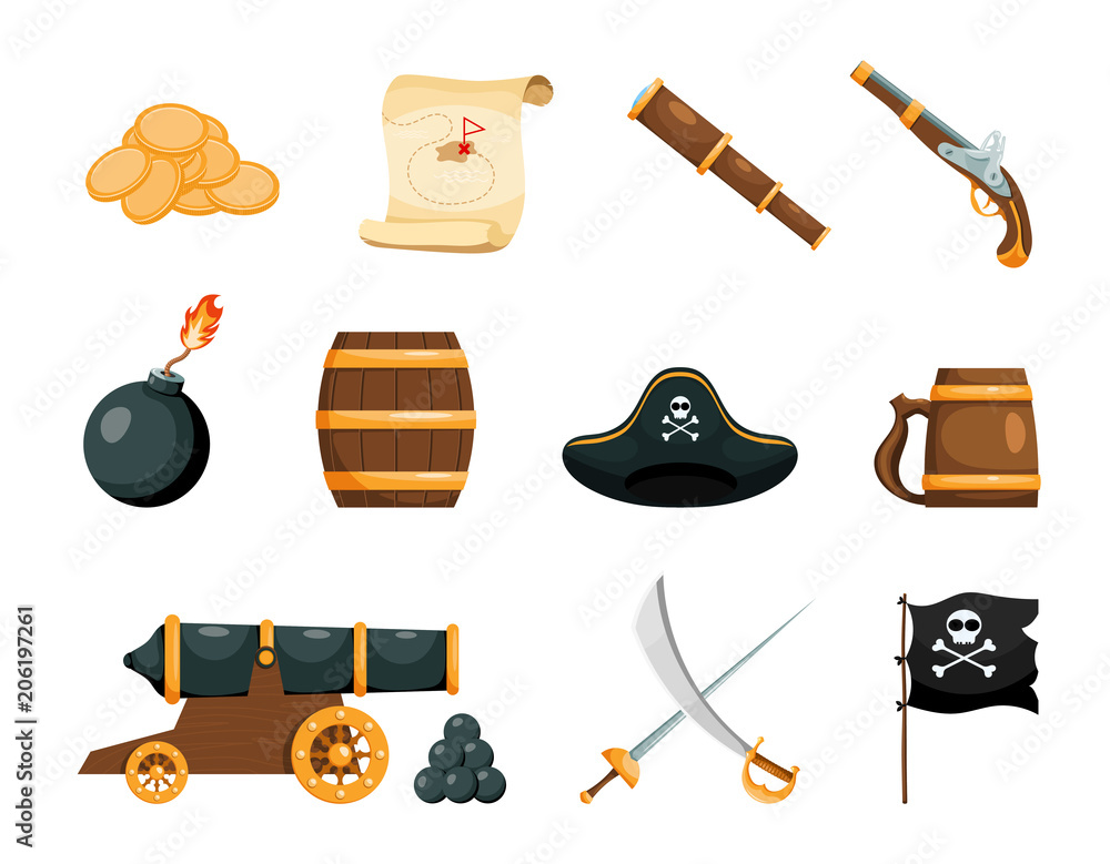 Objects of piracy. Bright objects of the pirate game. Icons on white ...