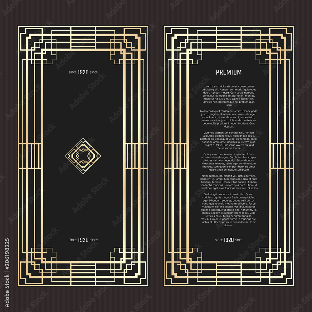 Vector geometric cards in Art Deco style. Light golden flyers. Premium vector frame in luxury ...