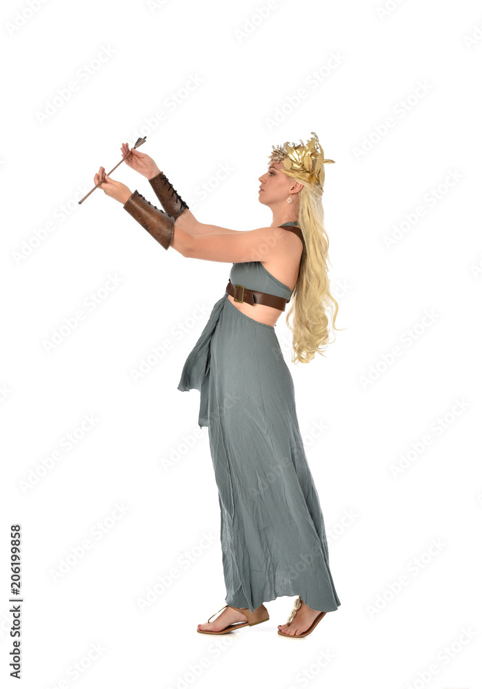 full length portrait of pretty blonde lady wearing fantasy toga gown ...